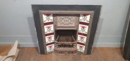Complete Fire Insert with Red Flowered Tiles - Authentic Reclamation