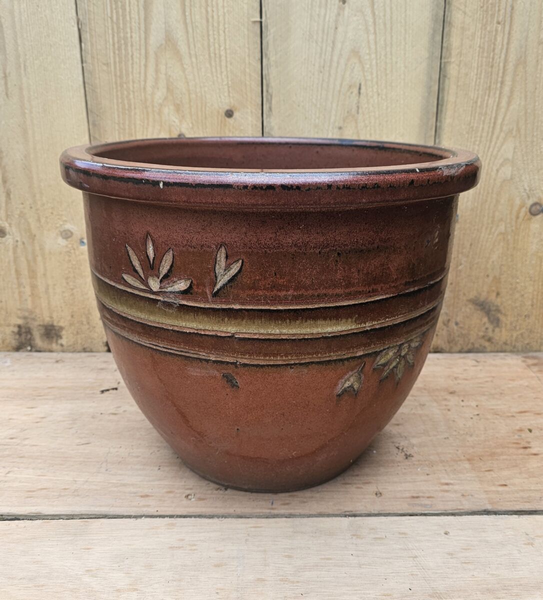 RED GLAZED FLORAL POT - Authentic Reclamation