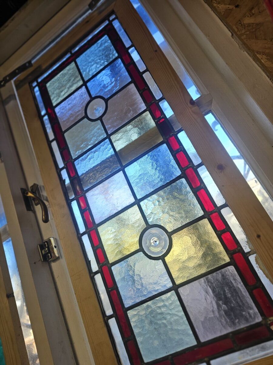 RED BORDERED STAINED GLASS WINDOW - Authentic Reclamation